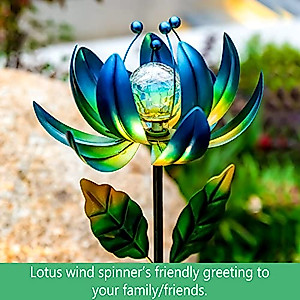 Solar Yard Lights Wind Spinners- Metal Lotus Flower Garden Decor LED Crackle Glass Globe Yard Art Sculpture Solar Stake Lights for Patio Pathway Lawn Walkway