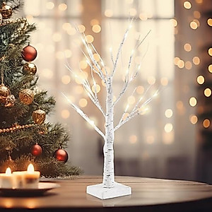 hogardeck 2FT 24LT Led Lighted Birch Tree, White Money Artificial Tree for Christmas Decorations Indoor, Battery Powered Timer Xmas Winter Home Wedding Mantle Desk Table Top Centerpieces Decor