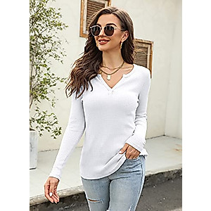 Women's V Neck Waffle Knit Henley Tops Casual Long Sleeve Pullover Sweater Blouses (White, Medium)
