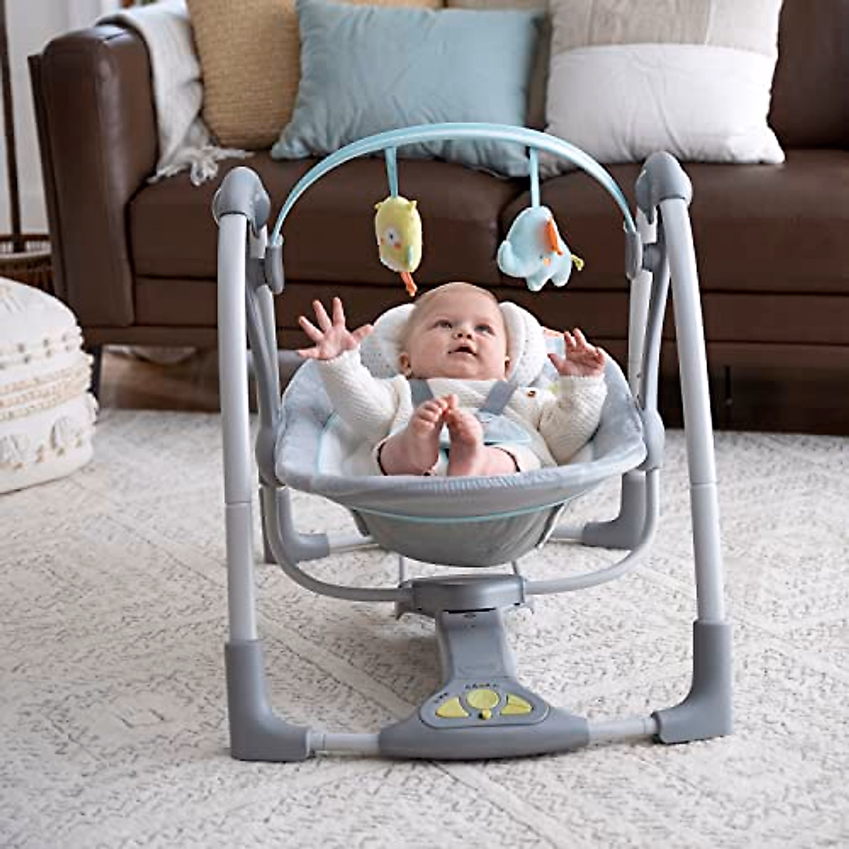 Ingenuity 5-Speed Portable Baby Swing with Music, Nature Sounds & Battery-Saving Technology - Hugs & Hoots, Swing 'n Go, 0-9 Months