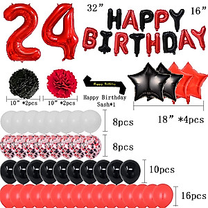 yujiaonly 24th Birthday Party Decorations-Happy Birthday Foil Ballons Banner Red Number 24 Happy Birthday Sash Latex Balloons Perfect for 24 Years Old Party Supplies Balloons Number 24 Red