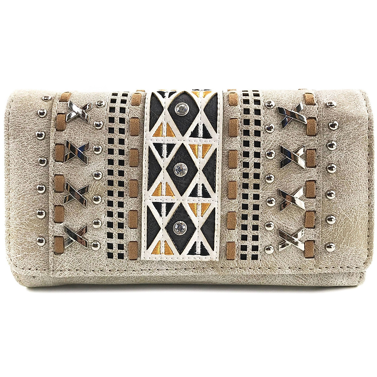 Justin West Checker Embroidery Suede Fringe Western Stud Conceal Carry Shoulder Handbag Purse | Trifold Wallet (Brown Handbag Only)