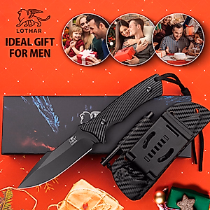 LOTHAR KA52 Fixed Blade Knife, Sharp D2 Steel Blade Survival Knife with Kydex Sheath, Hunting Knives with G10 Handle, Camping Bushcraft Knife for Outdoor, Camping Gifts For Men