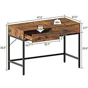 SUPERJARE Vanity Desk with Drawers, 47 inch Computer Desk, Modern Simple Home Office Desks, Makeup Dressing Table for Bedroom - Rustic Brown