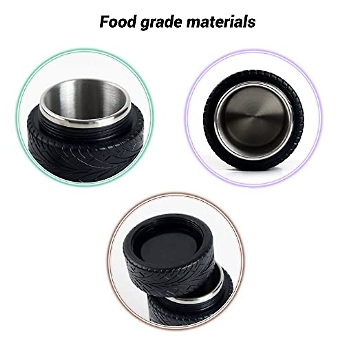 Tyre Tire Coffee Tea Mug, Gift for The Mechanic and Car Guy, Unique Stainless Steel Water Bottle, Leak Proof Screw Top, No Spill, BPA Free, 11oz, Black