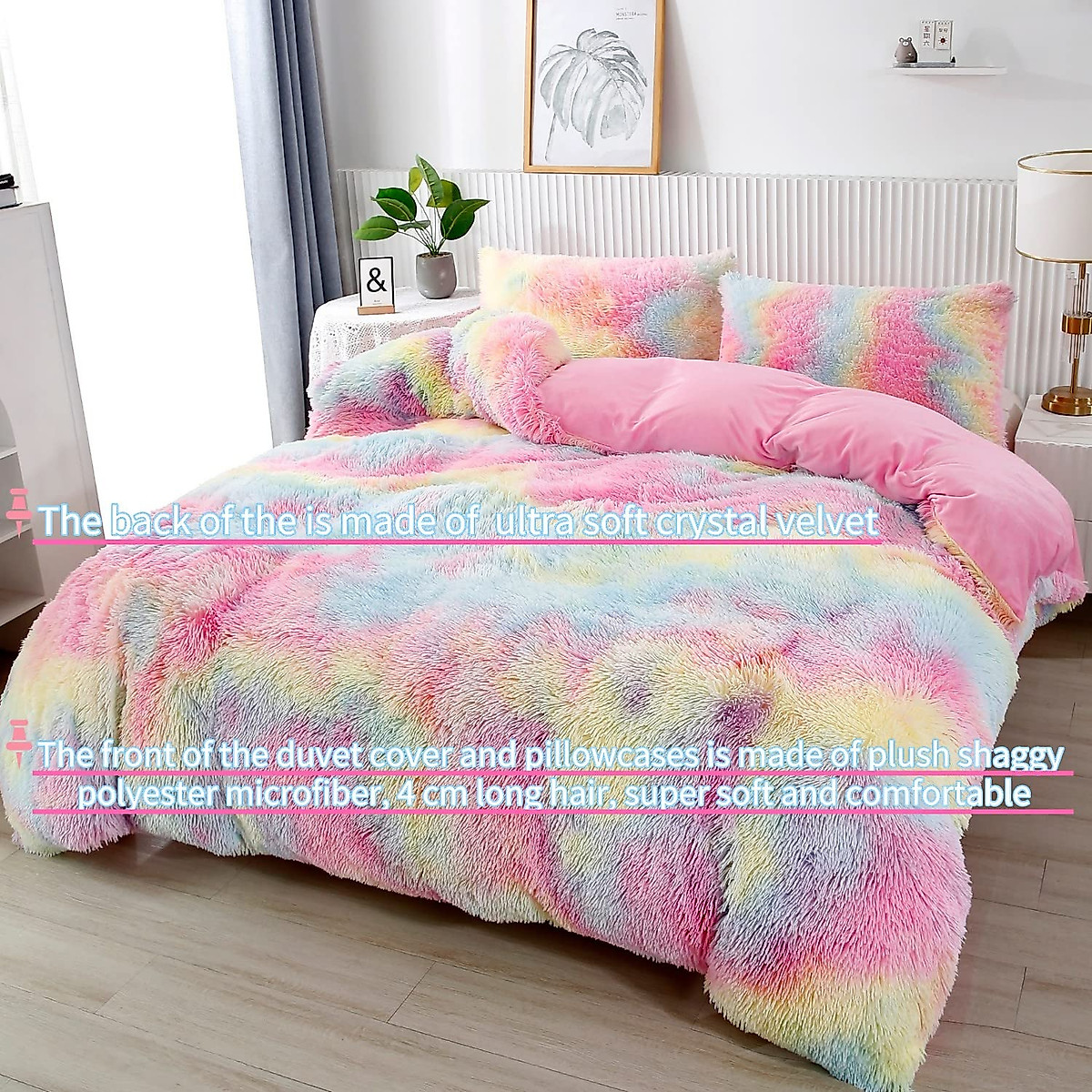 RYNGHIPY 3Pcs Rainbow Girls Bedding Sets Twin Size Ultra Soft Long Hair Plush Shaggy Duvet Cover with Pillowcases Colorful Tie Dye Bedding Set with Hidden Zipper Closure (Colorful Pink,Twin)