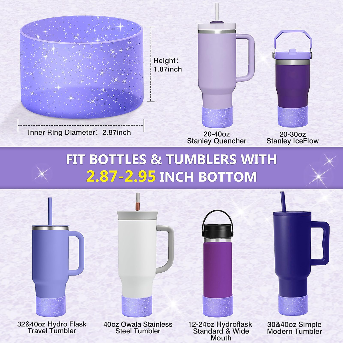 WUQID Protective Bling Silicone Boot Sleeve, Compatible with Stanley Tumbler 20-40oz & Hydro Flask Bottle 12oz-24oz, Glitter Reduces Dents Sleeve Cover for More Bottles/Tumblers Bottom of 2.83-2.95in
