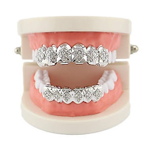OOCC 18k Gold Plated Iced Out Grills with Diamond Hip Hop Teeth Grillz Caps Top and Bottom Set for Your Teeth (Silver)