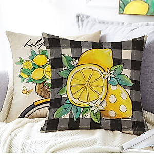 Fjfz Hello Summer Lemon Decorative Throw Pillow Cover 18 x 18 Set of 4, Bicycle Black White Buffalo Plaid Check Stripes Porch Outdoor Home Decor, Home Sweet Home Wreath Farmhouse Couch Cushion Case