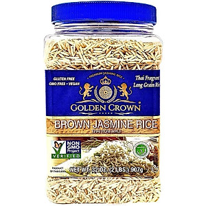Golden Brown Jasmine Rice - Naturally Sourced Thai Fragrant Long Grain Gluten Free GMO free Vegan Kosher Halal Rice - 32OZ (2Lb)