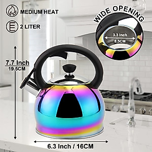 SHANGZHER Stainless Steel Coffee Tea Kettles Whistling Kettle for Gas Hob Induction Gas Kettle with Whistle Stovetop Kettles 2.1 Qt / 2 Liter Rainbow Color