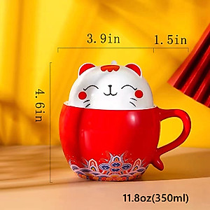 ARISKEY Ceramic Tea Mug with Infuser and Lid,Cute Cat Tea Cup with Filter for Steeping Loose Leaf, Handmade Porcelain Teacup, 3D Funny Novelty Mug for Home Office (Red)