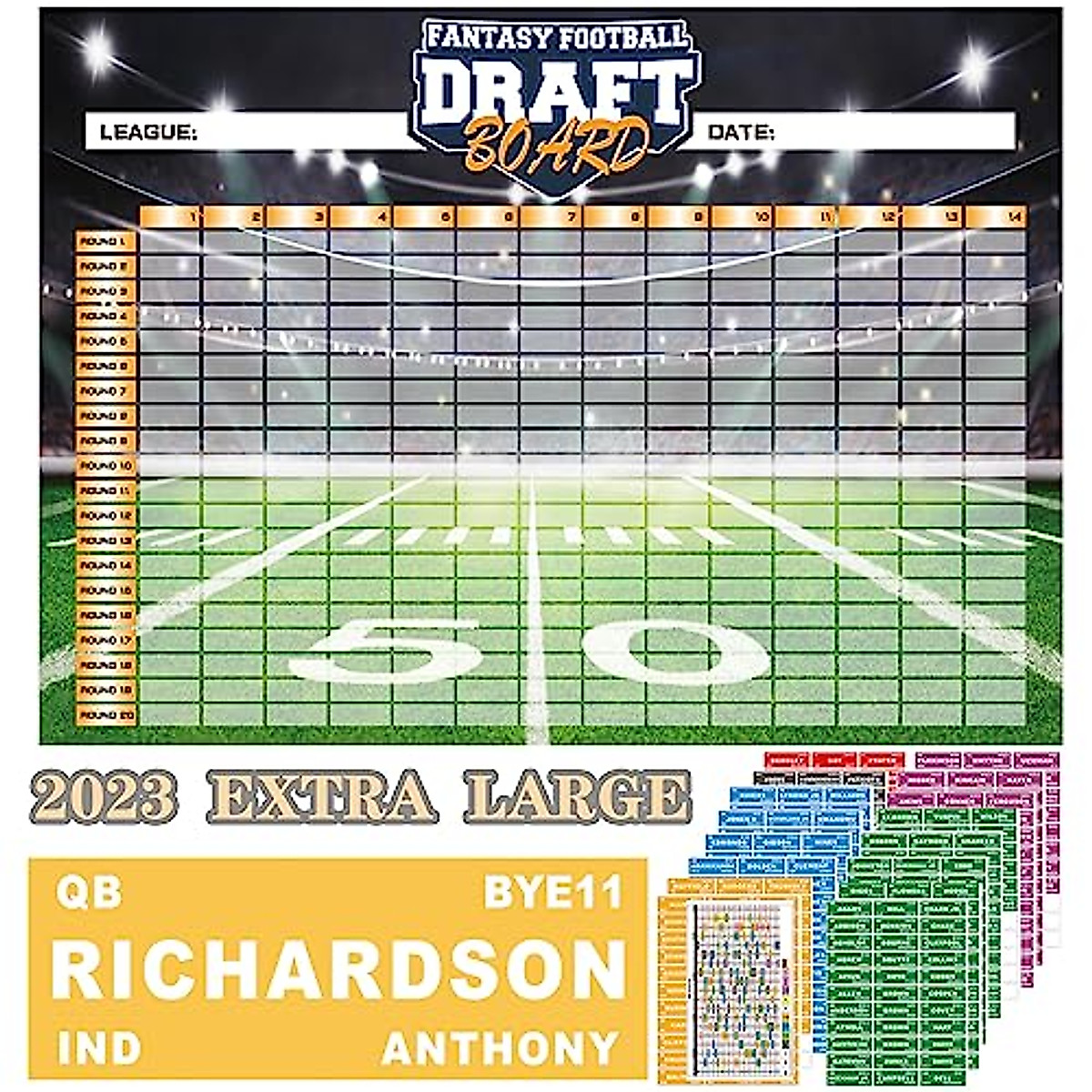 KIKIGO Fantasy Football Draft Board 2023-2024 Kit Extra Large Set with 528 Player Labels 2023 Top Rookie Blank Label 14 Teams 20 Rounds Premium Color Edition