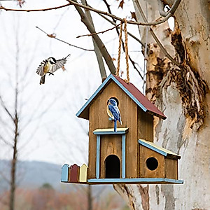 2in1Bird House&Bird Feeder,Bird Houses for Outside,3 Hole Bird House for Outside/Indoors/Hanging,Wooden Birdhouses,Handmade Natural Bird House for Garden/Courtyard/Backyard Decor,Large Bird Houses.