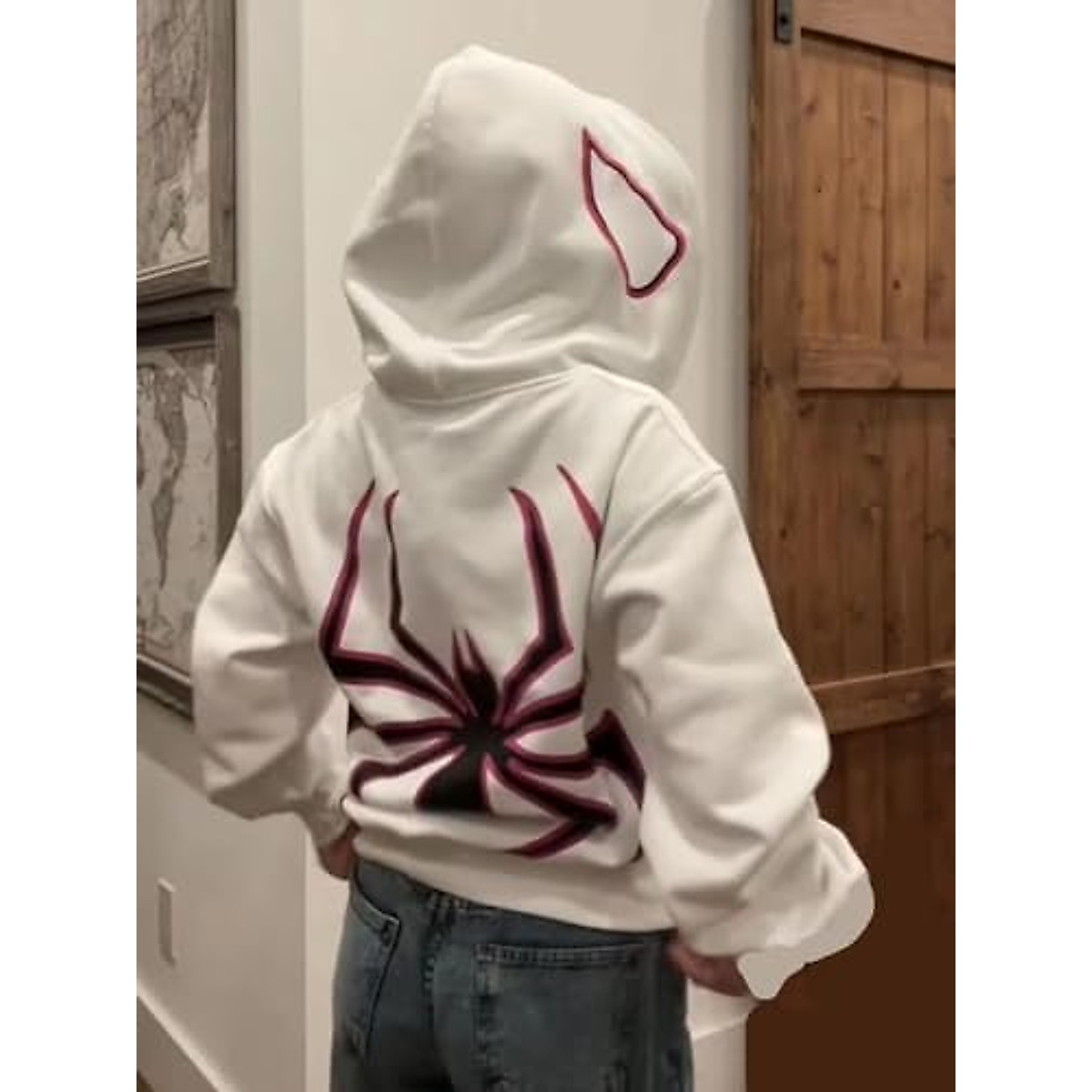 Women Men Oversized Harajuku Y2k Spider Graphic Hoodie Long Sleeve Full Zipper Jacket Coat Casual Hoodie Xx-Large White