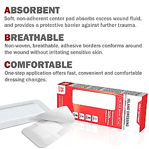EVERLIT Island Dressing Bordered Gauze | Large Wound Care Bandage with Adhesive Border| Sterile, Soft & Highly Absorbent Medical Grade Dressing Pad (4x10 Inch (Pack of 25))