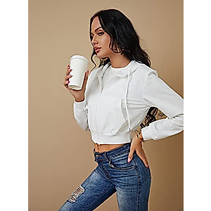 milanpavilion Women's Zip Up Hoodies Cropped Cardigan Jacket Drawstring Hooded Sweatshirts Casual Long Sleeve Top A-white