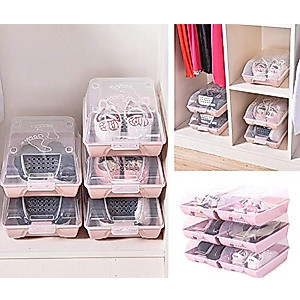 YEAVS 6 Pack Storage Shoe Box Stackable, Thickened Clear Plastic Shoes Containers, Sneaker Organizer Bins with Lids (Pink)
