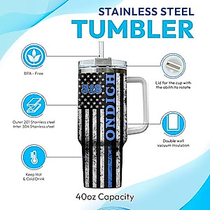 Hyturtle Police Gifts Personalized Thin Blue Line Tumbler US Flag Police Academy Graduation Gifts for Men Cops Officer Retirement 40 Oz Tumbler With Lid And Straw