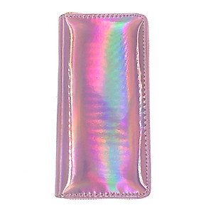 Andongnywell Holographic Long Wallet for Women Zipper Around Hologram Clutch Card Holder Organizer Ladies PU Leather Purse (Pink)