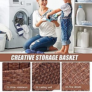 Zerodeko Wicker Laundry Hamper Round Rattan Woven Laundry Basket Dirty Clothes Hamper Decorative Wastepaper Storage Basket for Laundry Room Bathroom Bedroom Coffee
