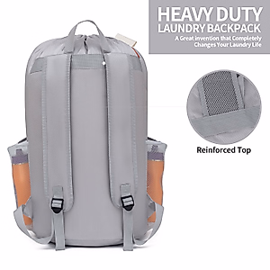 Polecasa Durable Backpack Laundry Bag with Padded Shoulder Straps, 130gsm Tear Resistant Fabric and Multi Pockets, Large Waterproof Dirty Clothes Drawstring Bag for Dorm, College, Silver