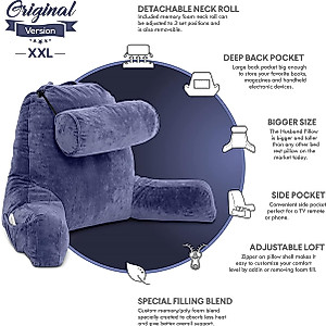 FaYkes Adult Reading Pillow,Backrest Pillow with Arms Dark Blue & Foldable Laptop Tray Gray Memory Foam Reading Pillows for Bed W/Removable Neck Roll & Laptop Bed Tray Table,Blue