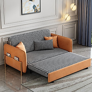 53.5" Full Sleeper Sofa Orange Upholstered Convertible Sofa Bed 3 in 1 Sleeper Sofa Couch Bed, Small Tufted Velvet Convertible Loveseat Futon Sofa w/Pullout Bed, Multi-Pockets for Living Room