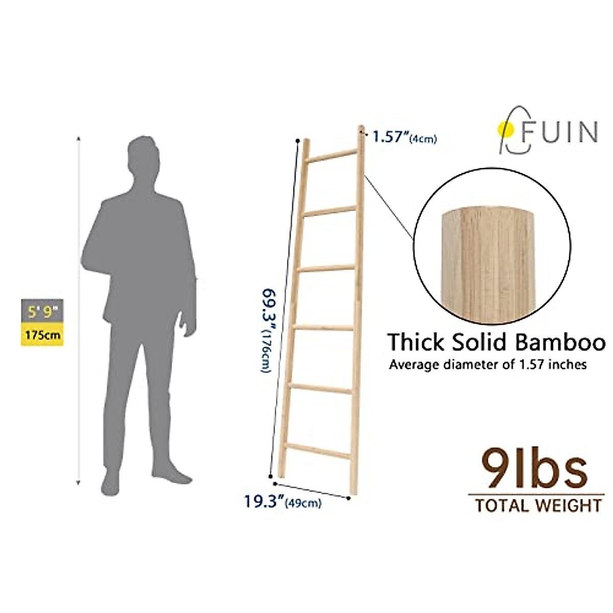 FUIN Fully Assembled 6ft Bamboo Blanket Ladders Wood Decorative Wall Leaning Rustic Farmhouse Bathroom Quilt Towel Display Rack Holder