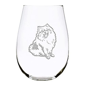 Pomeranian (P1) themed, dog stemless wine glass, 17 oz.