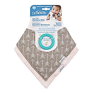 Dr. Brown's Super Soft & Absorbent Baby Bandana Bib with Snap-On Teether, 3m+, 2-Pack, Arrows & Herringbone