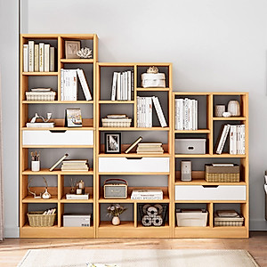 IOTXY Wooden Open Shelf Bookcase - 51" Height Freestanding Display Storage Cabinet Organizer with 7 Cubes and a Drawer, Floor Standing Bookshelf, Yellow