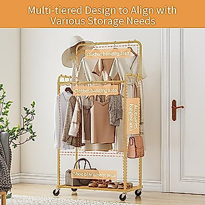 Ekisemio Double Rod Rolling Clothes Garment Rack, Heavy Duty Clothing Rolling Rack on Wheels for Hanging Clothes,with 4 Hooks, Gold