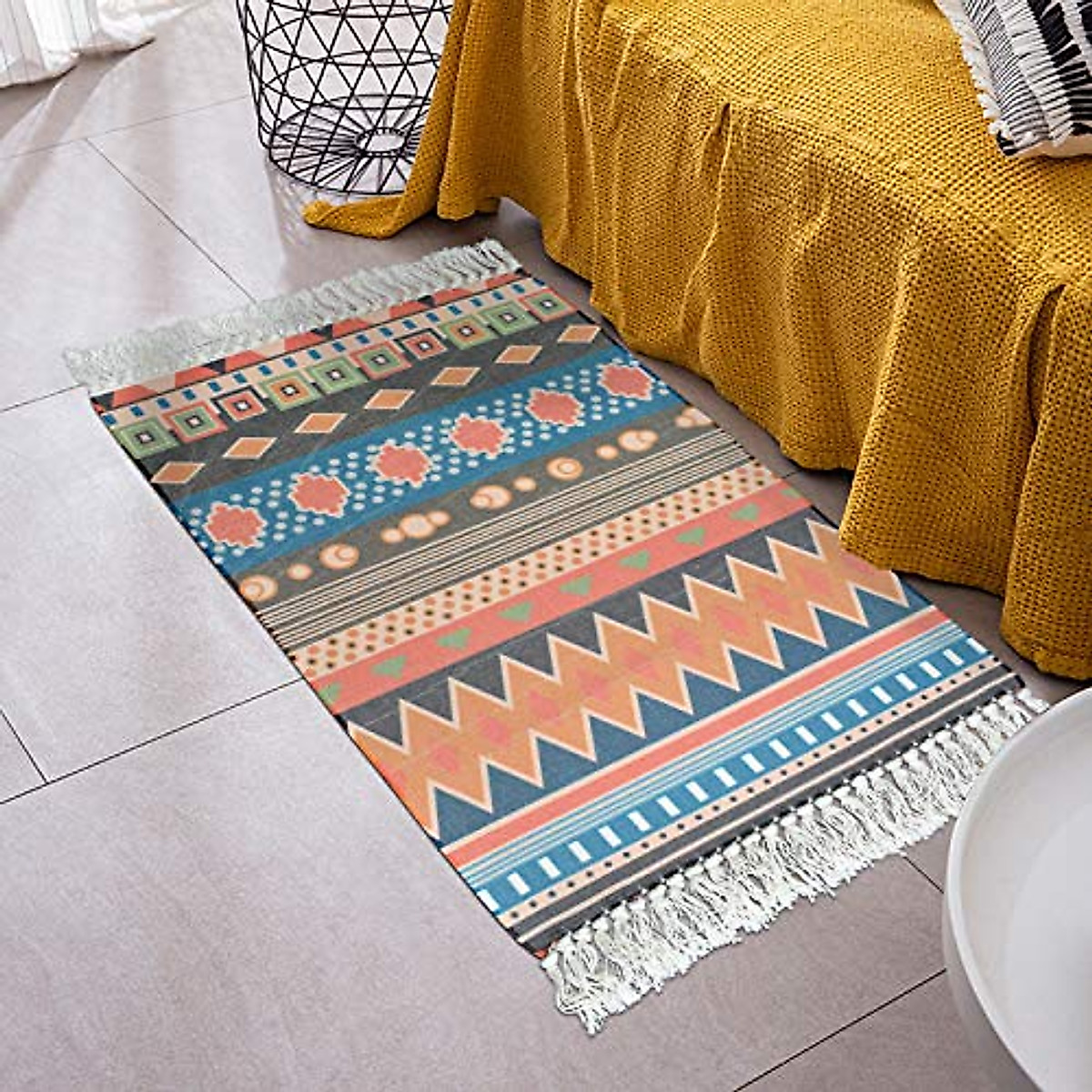 ABREEZE Cotton Area Rug Set 2 Piece 2'x3'+2'x4'4",Bohemian Hand Woven Cotton Rugs with Tassel Washable Cotton Throw Rug Runner for Kitchen, Living Room, Bedroom(Orange)