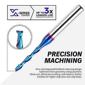 ZahyoX Upcut Spiral CNC Bit, Nano Coated Solid Carbide Straight Router Bit, 1/8" Cutting Dia, 1/4" Shank, 7/8" Cutting Length, 2-1/2" Overall Length, CNC Router Bits, CNC End Mill