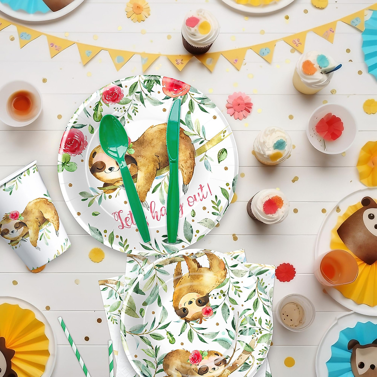 APOWBLS Sloth Birthday Party Supplies Girl, Sloth Party Decorations Tableware For Baby Shower Birthday, Paper Plate, Napkin, Fork, Tablecloth, Jungle Animal Sloth Party Supplies Dinnerware | Serve 24