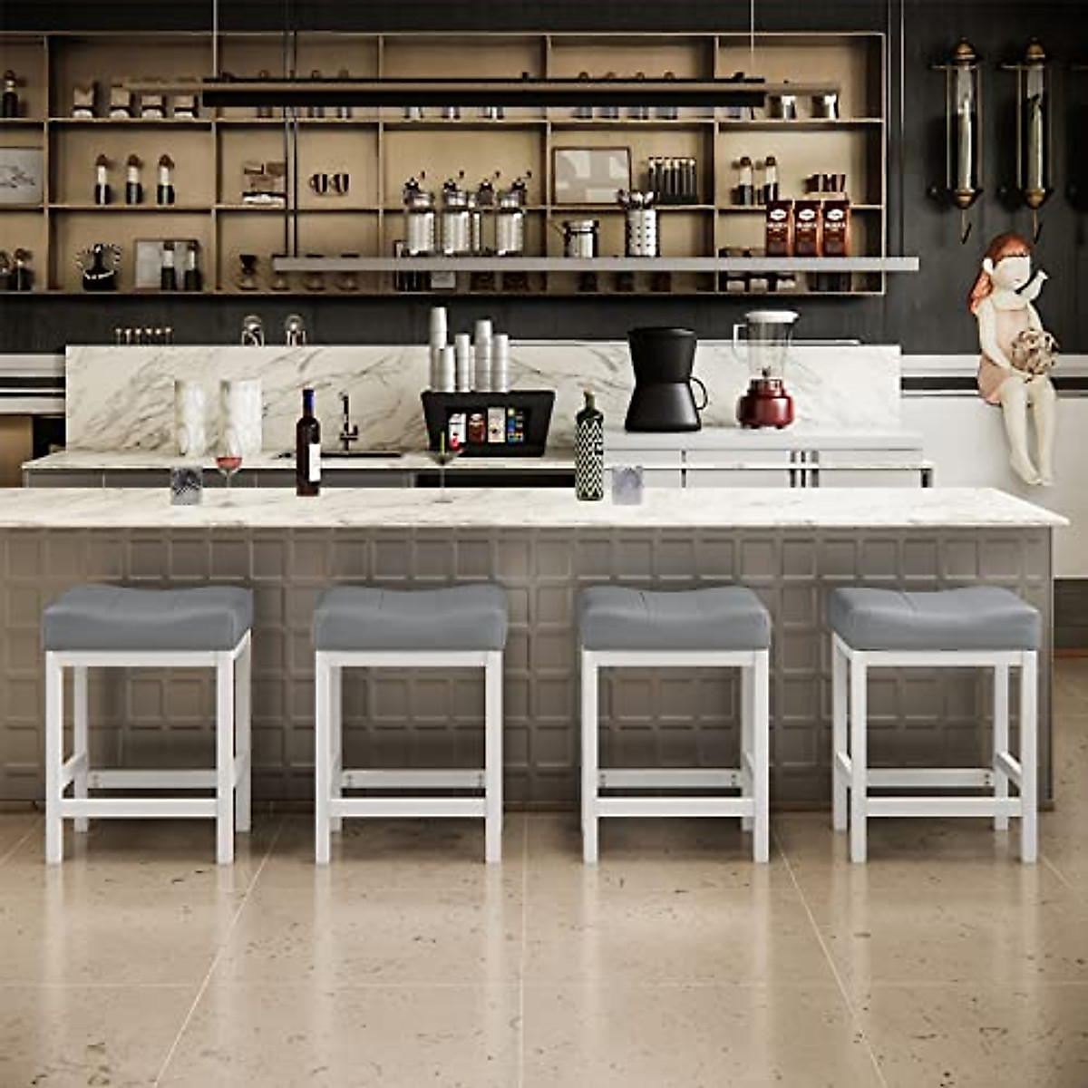 KATDANS Bar Stool, Counter Height Stool 24 Inch Saddle Stool, PU Leather Modern Kitchen Barstool with Metal Base, KS861P-LG, 1Pc