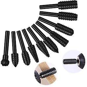 EEEkit 10PCS Wood Carving File Rasp Drill Bit, 1/4" 6mm Rotary Rasp Drill Bit Set, DIY Woodworking Rotating Embossed Chisel Shaped Shank Tool Burr Power Tools for Engraving Polishing Grinding