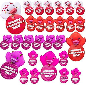 JOYIN 28 Pack Valentine’s Day Gift Cards with Gift Mini Rubber Duck Bath Toys for Classroom Exchange Prizes, Valentine Party Favors Toys