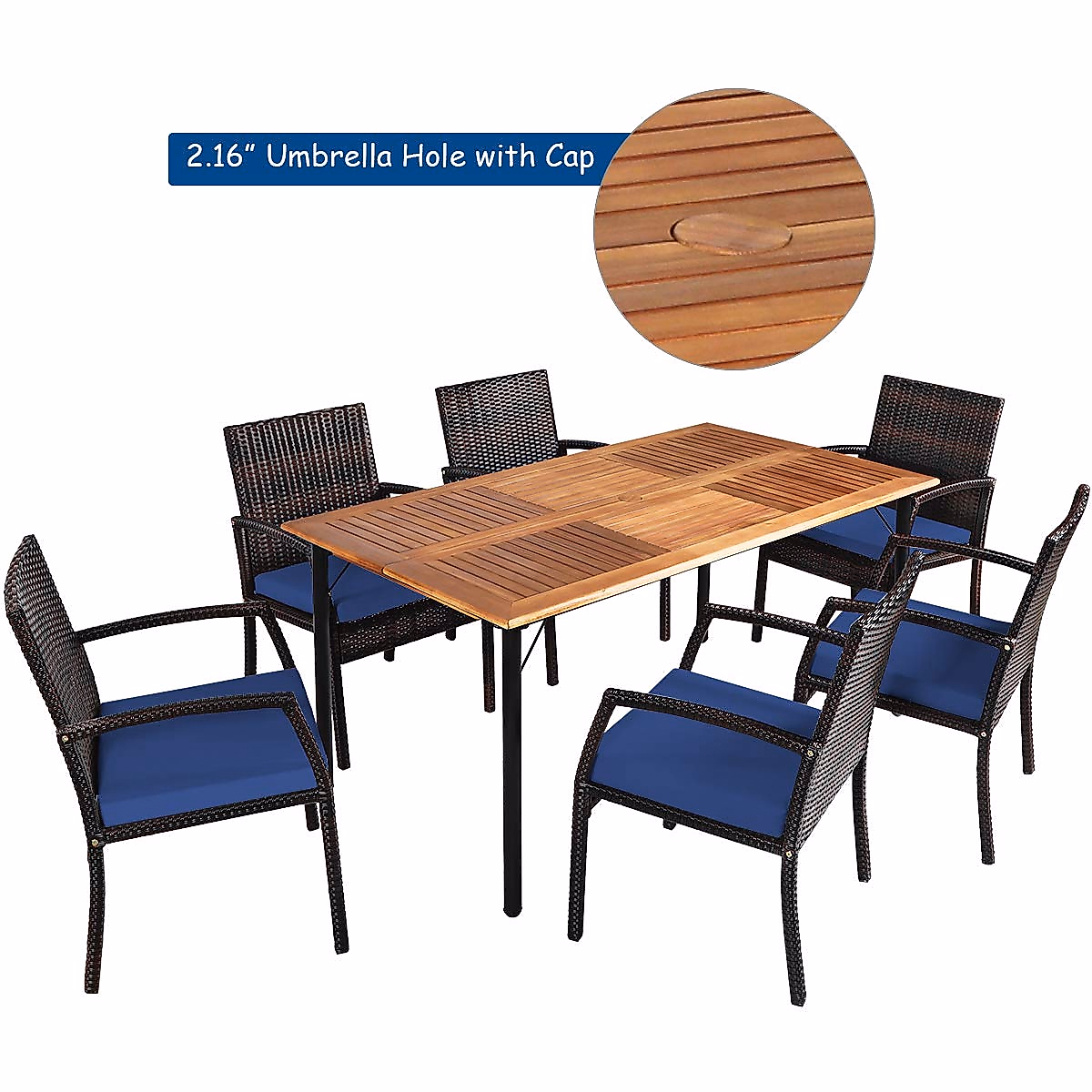 Tangkula 7 Pieces Patio Dining Set, Acacia Wood Wicker Dining Furniture Set with Sturdy Steel Frame & Umbrella Hole, Outdoor Dining Table Chair Set with Removable Cushions for Backyard, Garden