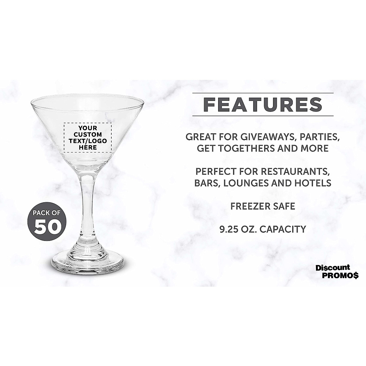 Custom Classic Martini Glasses 9.25 oz. Set of 50, Personalized Bulk Pack - Great for Cocktails, Wedding Favors, Party Favors, Events - Clear