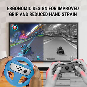 Orzly Steering Wheels for Nintendo Switch & OLED JoyCons, Racing Wheels for Mario Kart 8 Deluxe [Mariokart Switch Steering Wheel Joycon Controller Attachment Accessories] - TWIN PACK[1x Red & 1x Blue]