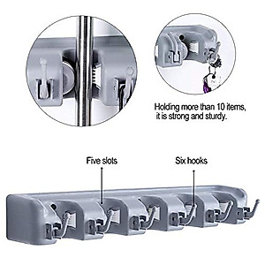 Mop Broom Holder Wall Mounted Kitchen Tool Organizer and Storage Rack, 6 Hooks and 5 Slots, Grey