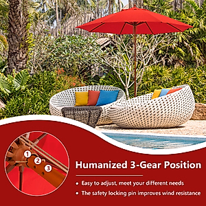Tangkula 9.5 FT Red Wooden Pulley Umbrella with 8 Fiberglass Ribs, Rope Pulley Mechanism, and Vented Canopy for Patio, Deck, Poolside, Garden, Lawn, Terrace