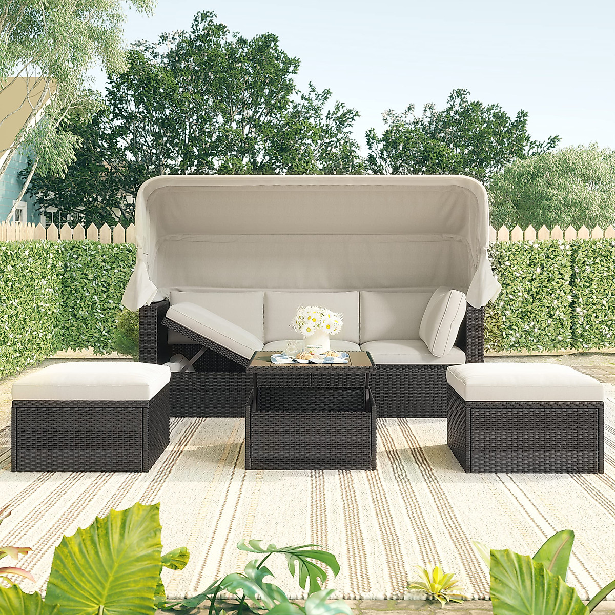 Merax 4 PCS Outdoor Patio Conversation Sets PE Wicker Sectional Sofa Rattan Daybed with Canopy, Lift Top Table, and Ottomans, Beige