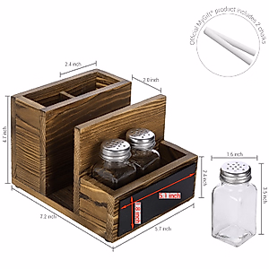 MyGift 4 Piece Set Rustic Brown Solid Wood Napkin and Salt & Pepper Shaker and Flatware Holder Caddy with 4 Compartments, 3 Seasoning Jar Bottles and Chalkboard Label