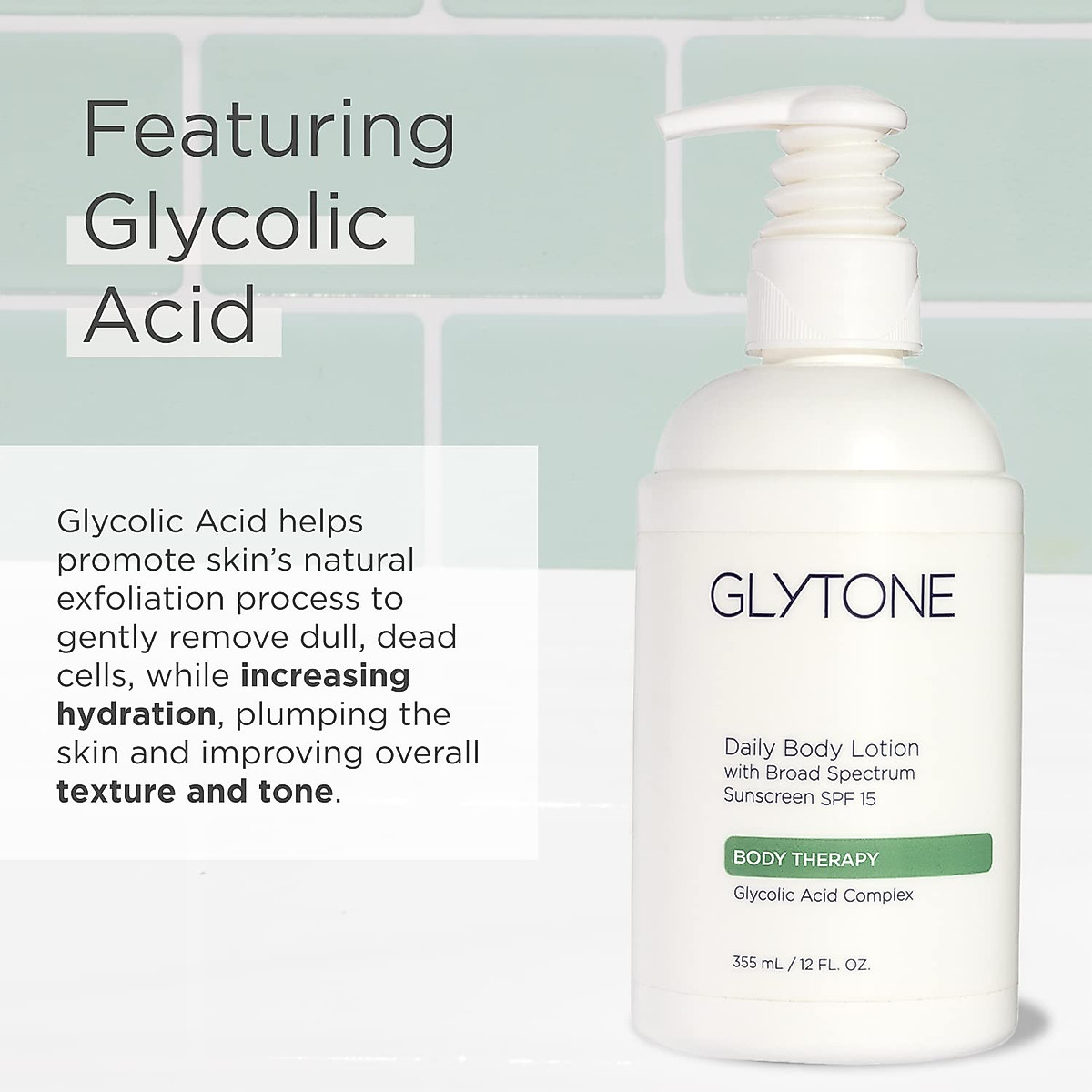 Glytone Daily Body Lotion Broad Spectrum SPF 15 with Glycolic Acid & Shea Butter, Retexturizing Moisturizer, Fragrance Free, 12 oz.