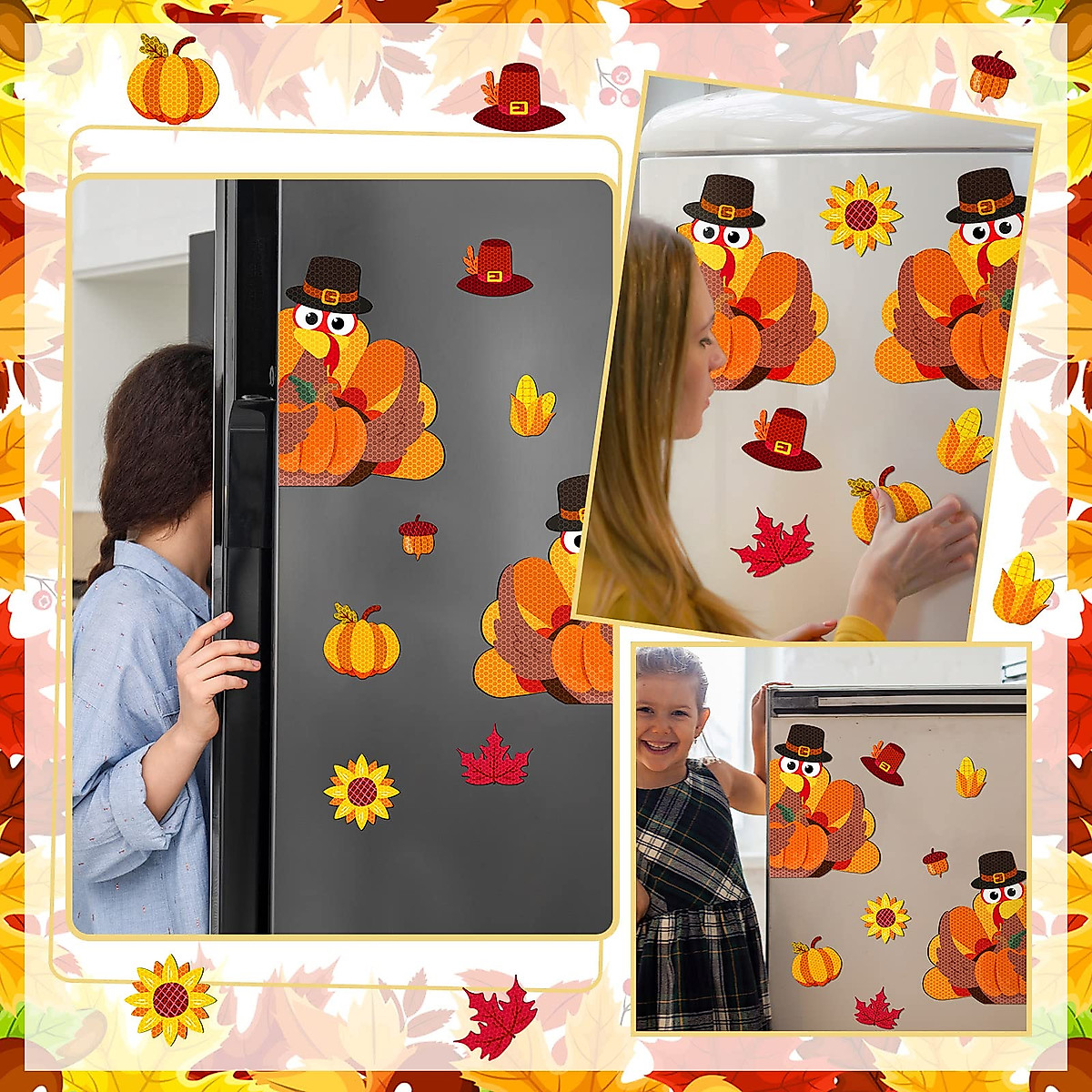 8 Pcs Thanksgiving Magnets Reflective Turkey Decals Autumn Magnets Maple Leaf Pumpkin Car Refrigerator Decorations Fall Magnets Stickers for Car Refrigerator Garage Truck