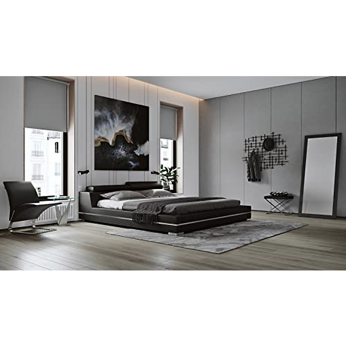 ZURI Hera Genuine Black Leather Platform Bed with Adjustable Headrests - Queen