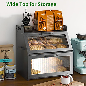 Bread Box, Bread Box for Kitchen Countertop, Large Bread Storage Container for Homemade Bread, Wooden Farmhouse Breadbox Organizers, Double Layer Bread Bin with Acrylic Window Bread Holder,Black